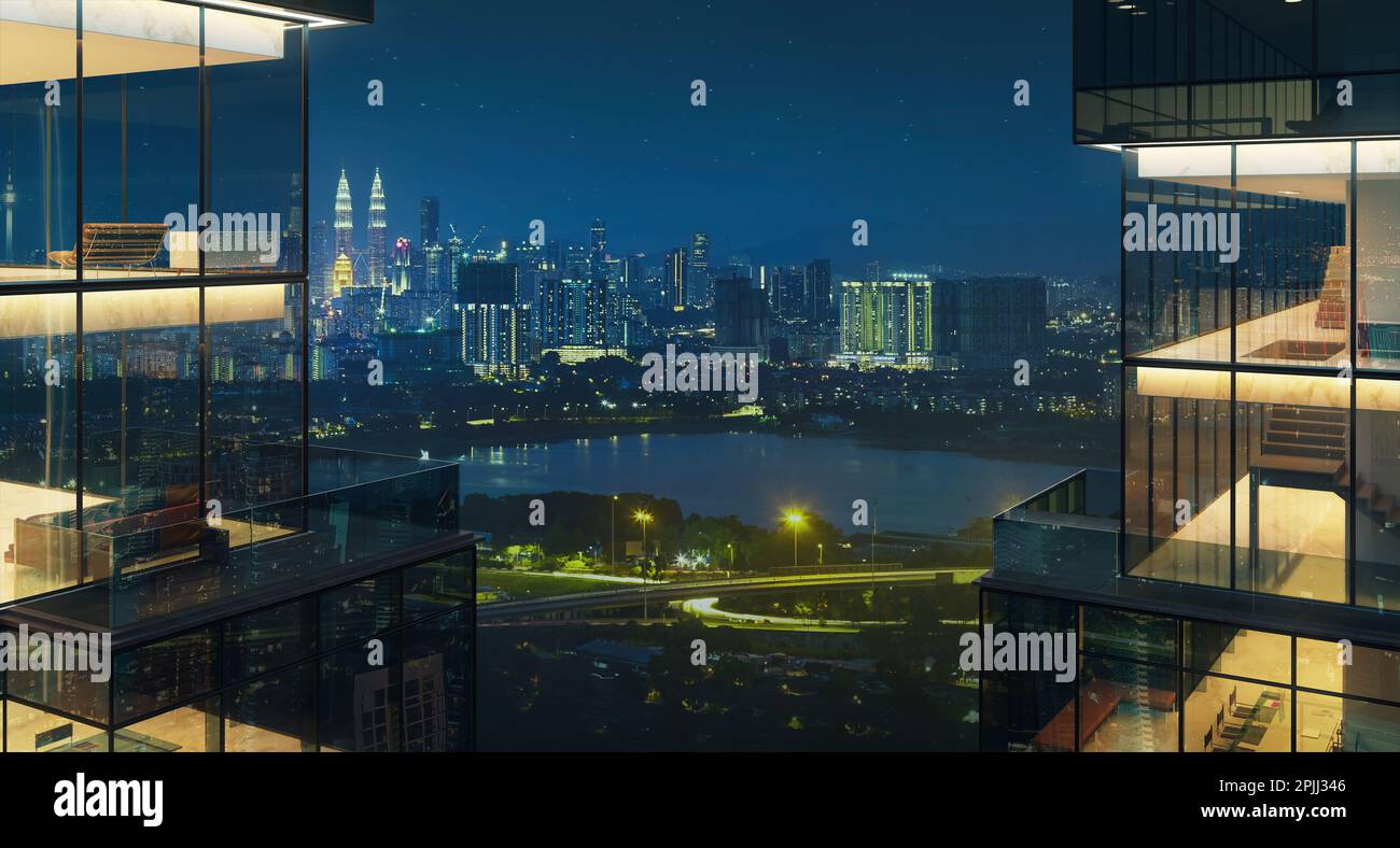 Fully floor-to-ceiling glass modern high-end apartment or office with ...