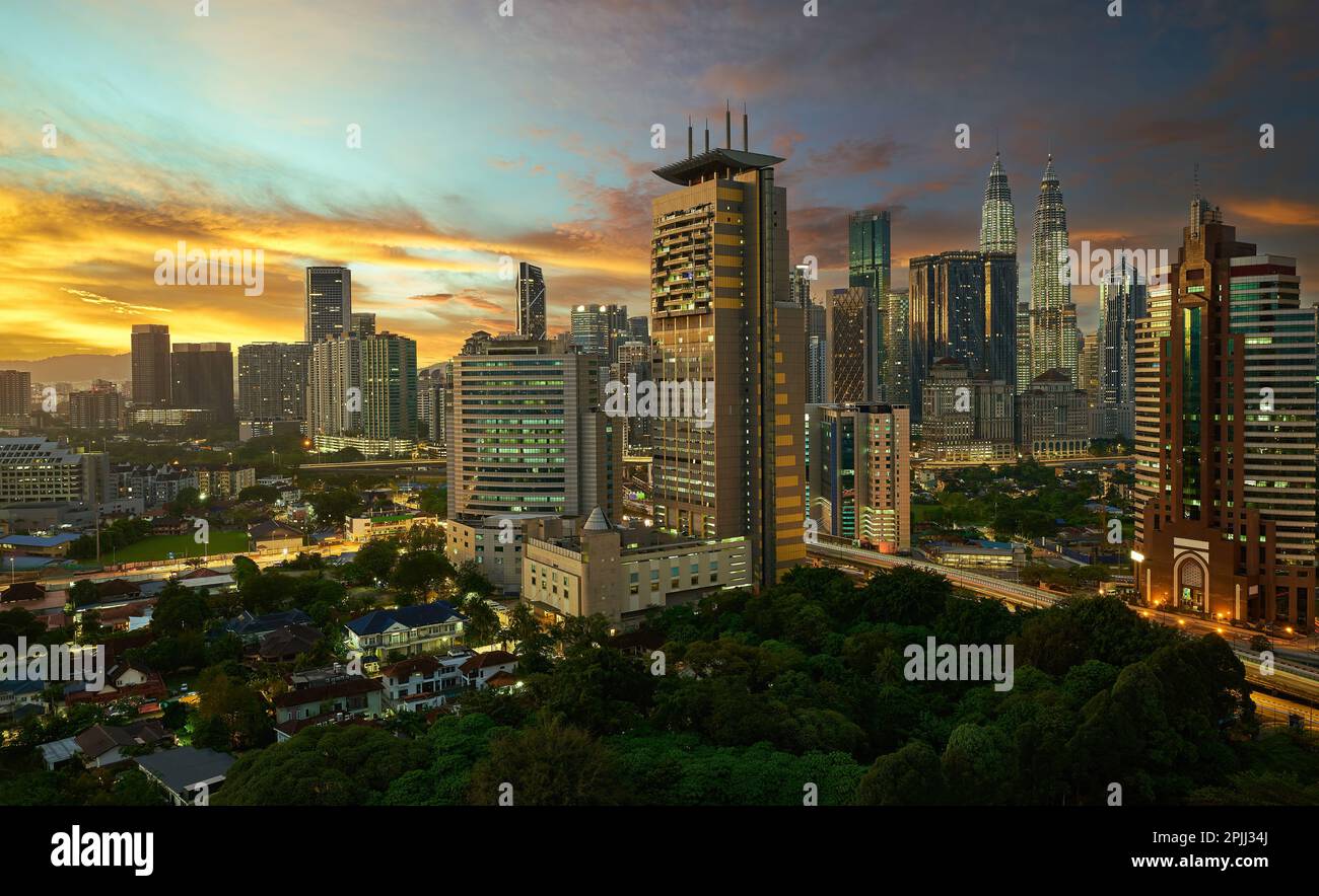 Aerial sunset view of beautiful Kuala Lumpur city skyline. Malaysia ...