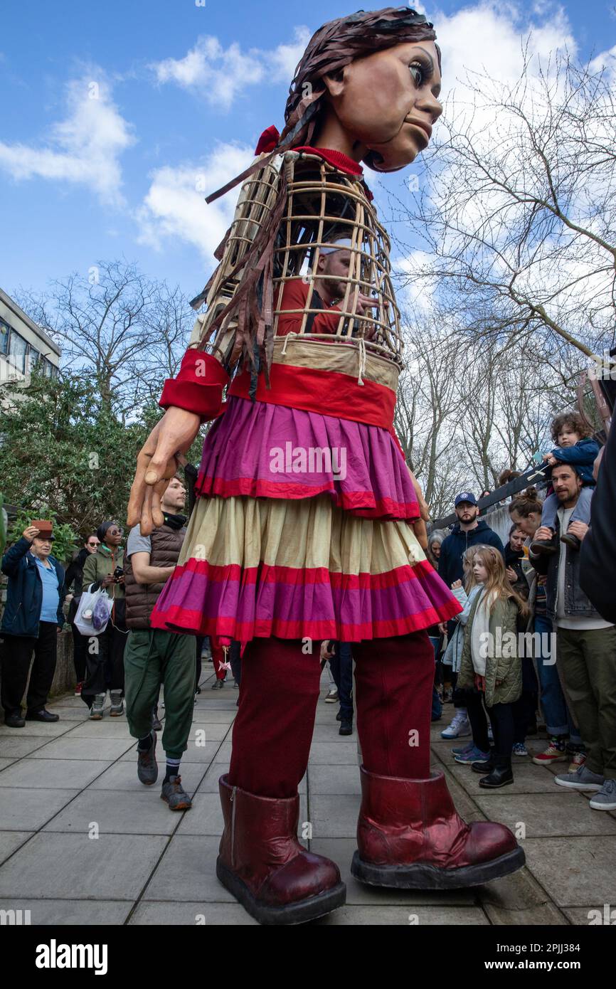 London, UK. 2nd April, 2023. Little Amal, a 12 foot puppet of a 10-year ...