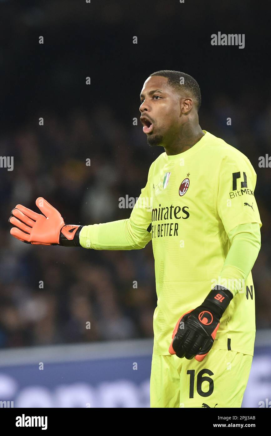 Napoli, Italy. 2nd Apr, 2023. Mike Maigan of AC Milan gesticulates ...