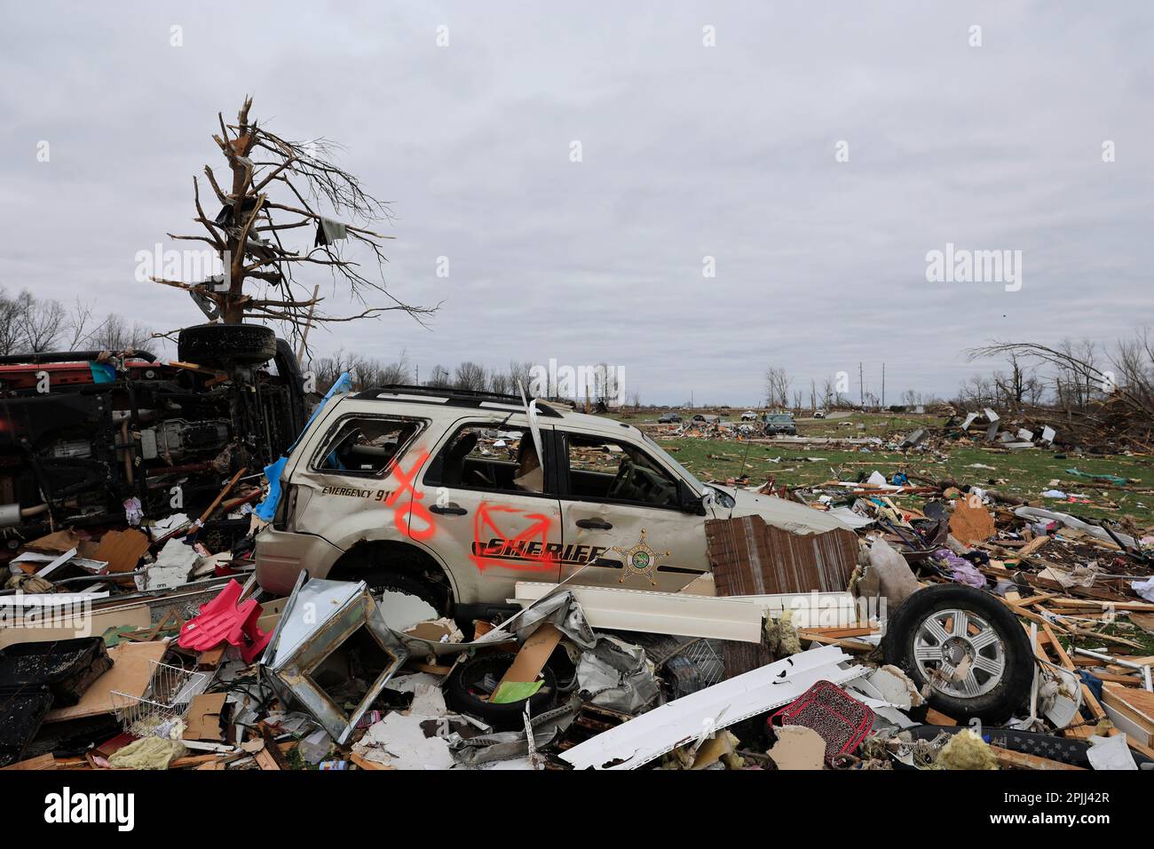 SULLIVAN, INDIANA - APRIL 1: A Sheriff’s vehicle is destroyed after a ...