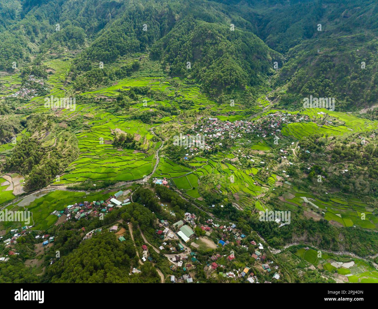Mountain slopes with rainforest and agricultural land of farmers ...