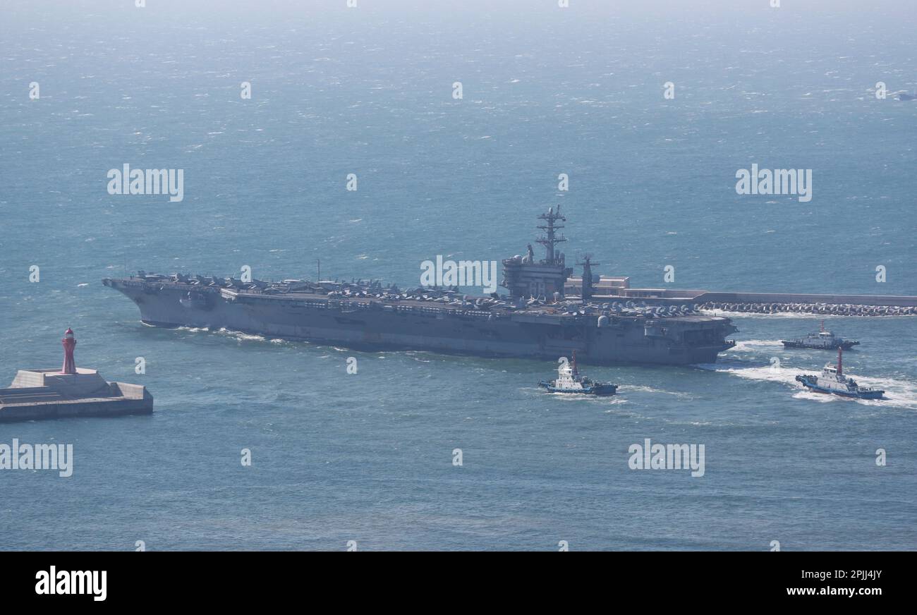 The U.S. Navy's nuclear-powered aircraft carrier USS Nimitz departs a ...