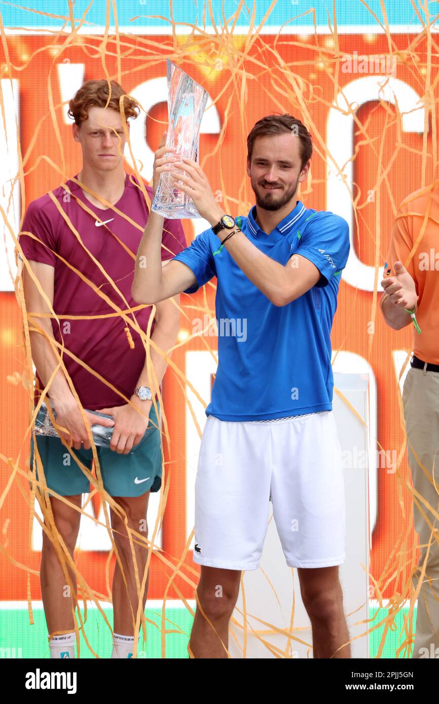 MIAMI GARDENS, FLORIDA - APRIL 02: Daniil Medvedev of Russia celebrates ...
