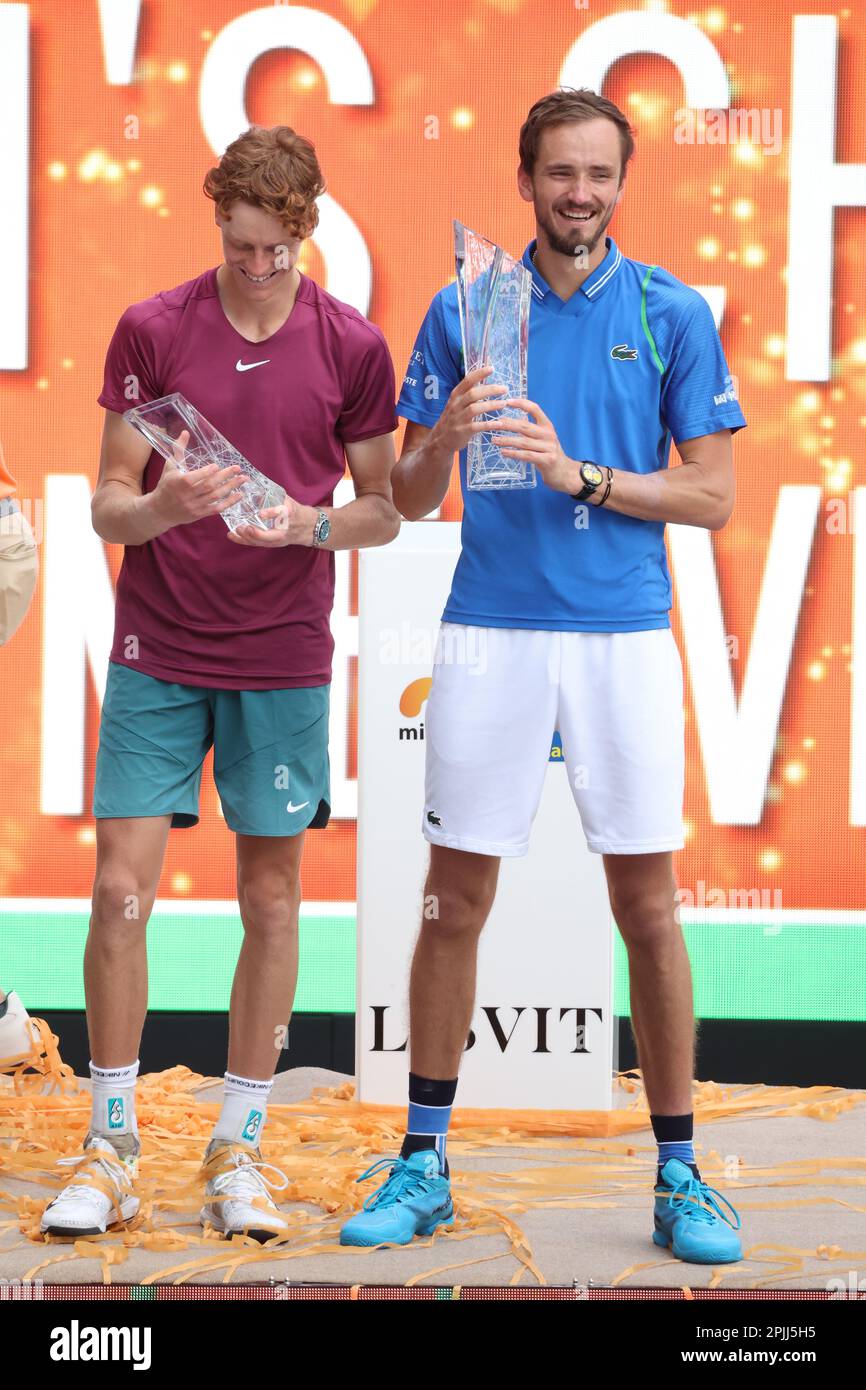 MIAMI GARDENS, FLORIDA - APRIL 02: Daniil Medvedev of Russia celebrates ...