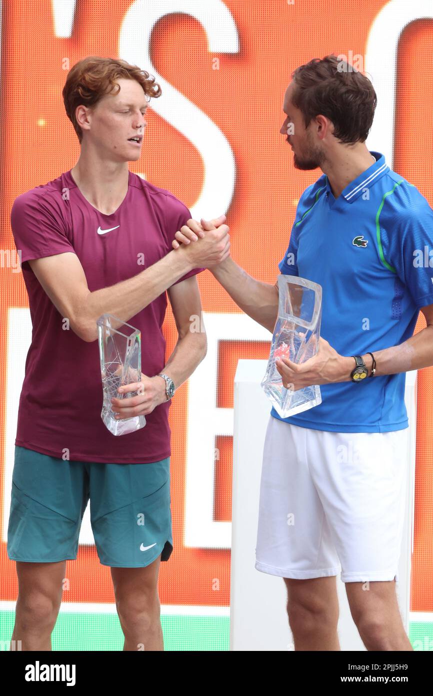 MIAMI GARDENS, FLORIDA - APRIL 02: Daniil Medvedev of Russia celebrates ...