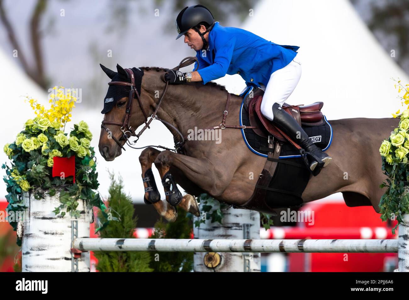 Conor Swail of Ireland competes at a Major League Show Jumping event at ...
