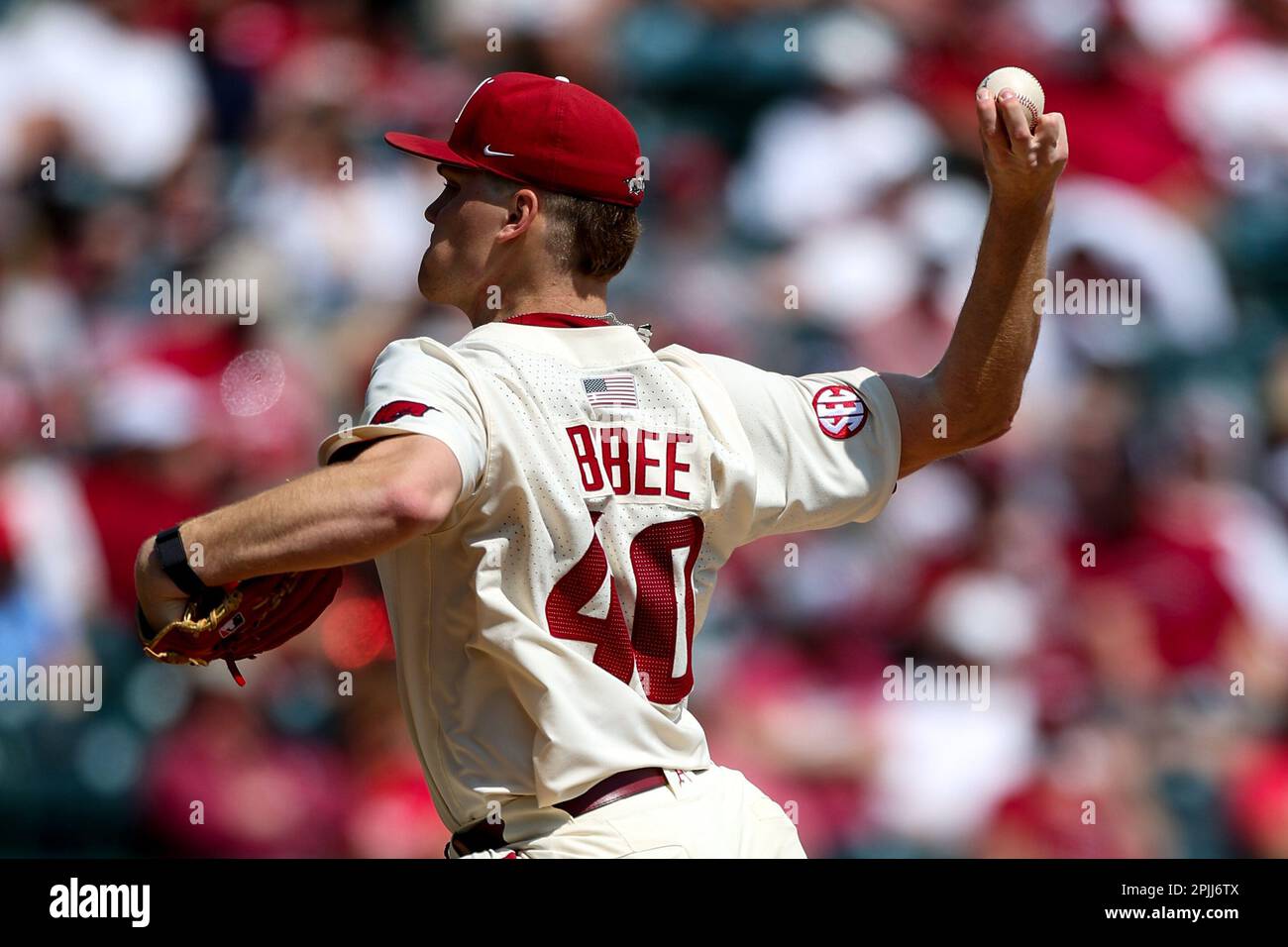 April 2, 2023: Arkansas pitcher Ben Bybee #40 prepares to deliver a ...