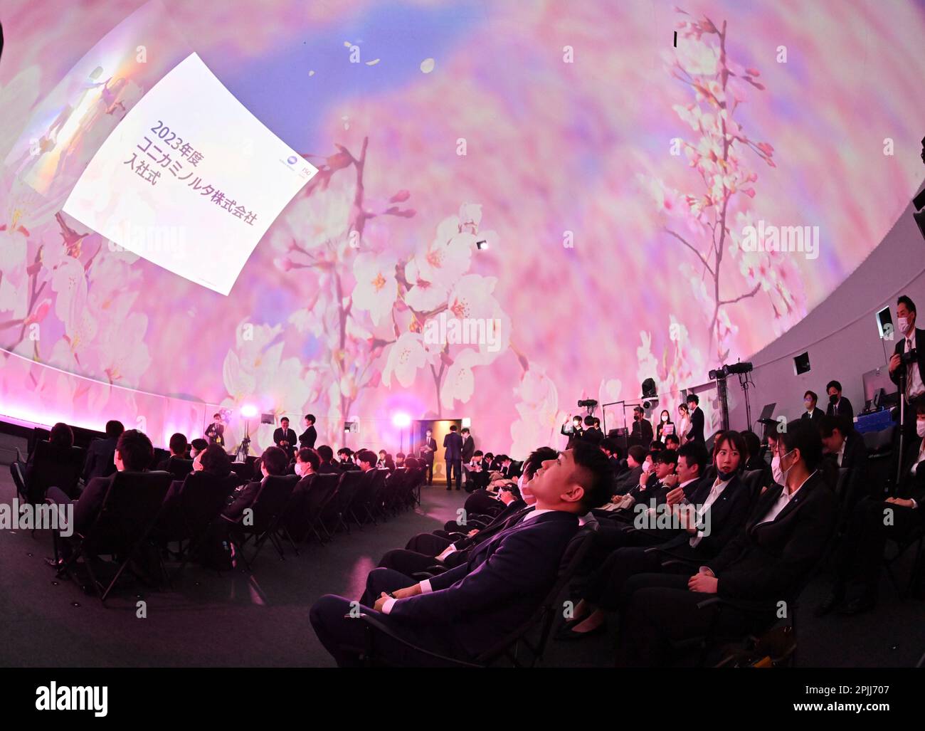 New employees of KONICA MINOLTA, INC.attend an entrance ceremony at its ...