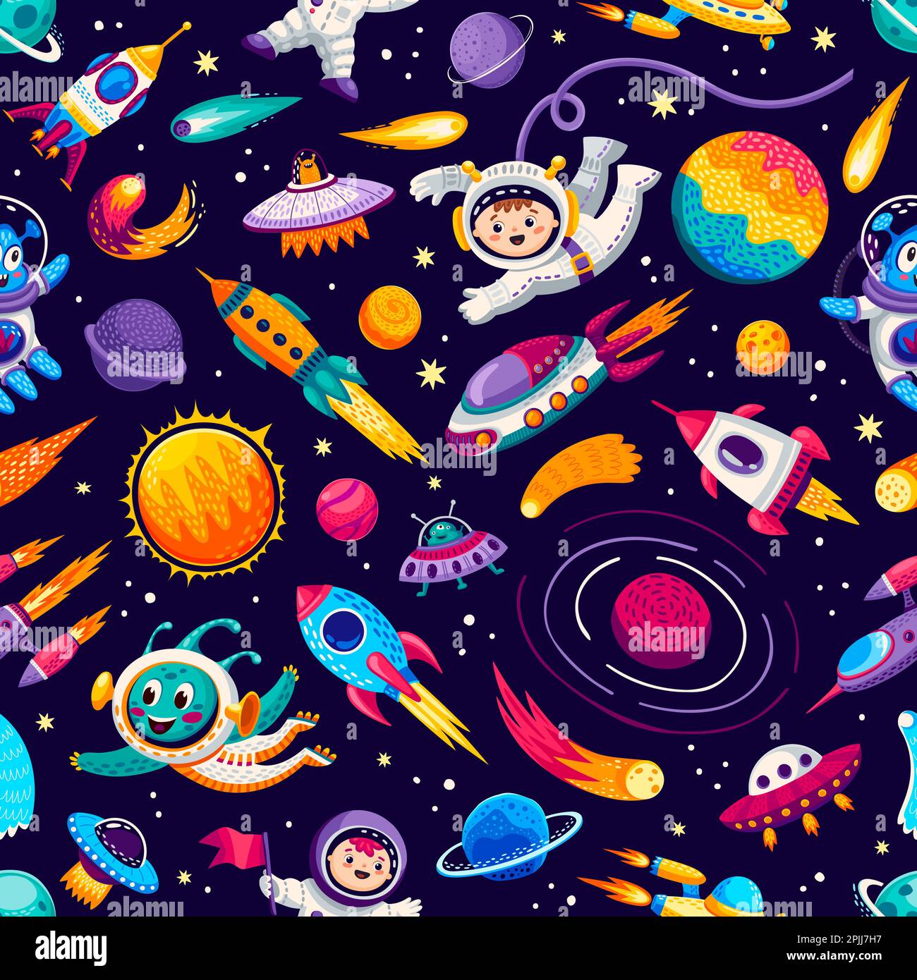 Cartoon kids space and galaxy seamless pattern. Vector cosmic repeated background with funny ...