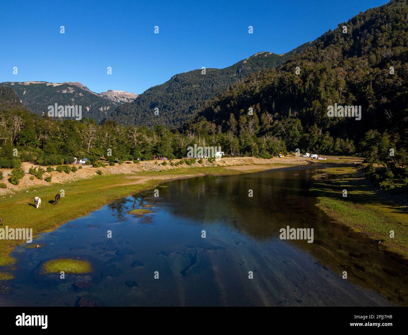 Camping area on the shores of Pichi Traful river, Nahuel Huapi National ...