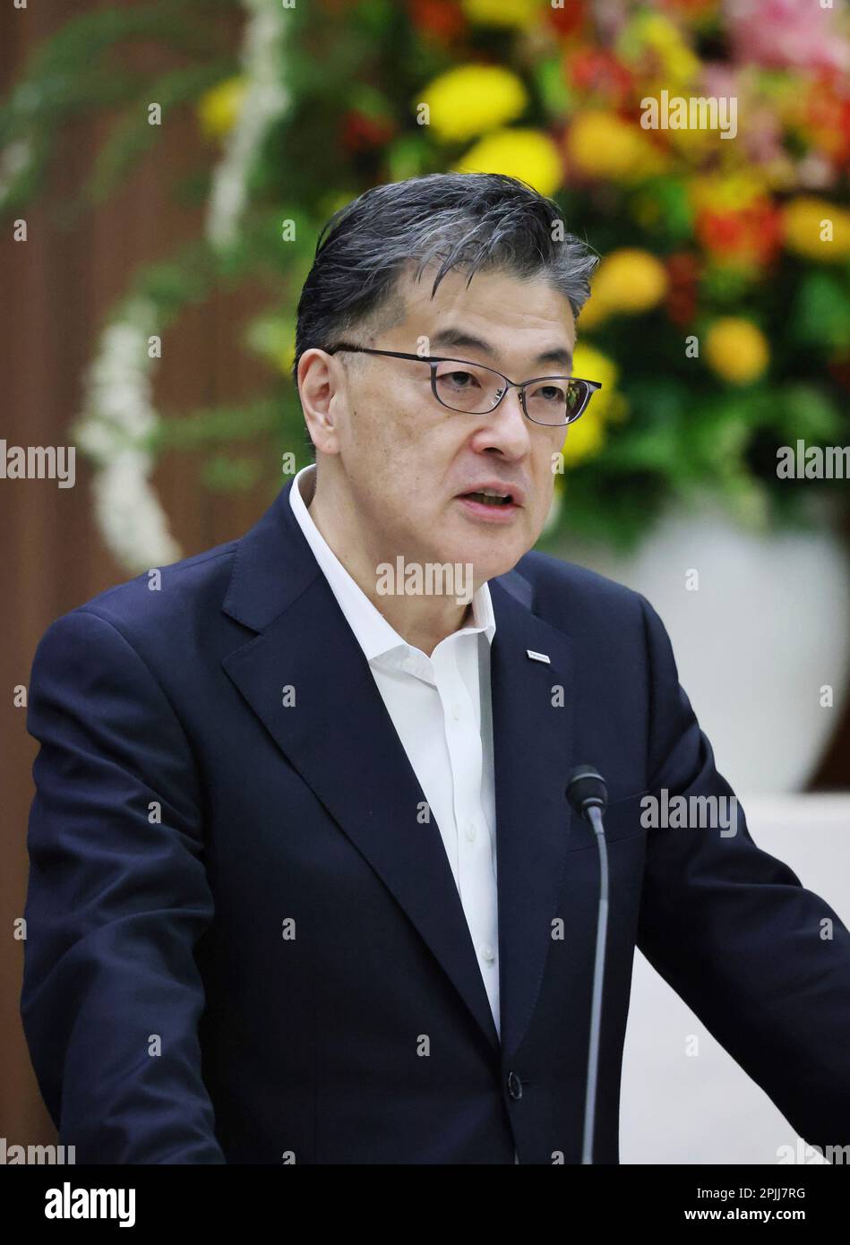 Yuki Kusumi, CEO of the Panasonic Group, delivers a speech during an ...