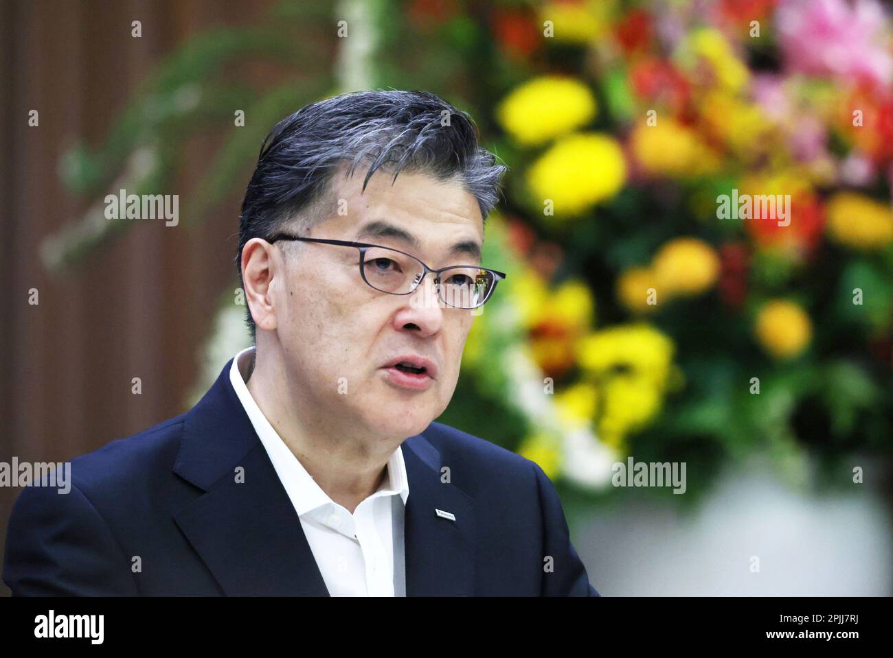 Yuki Kusumi, CEO of the Panasonic Group, delivers a speech during an ...