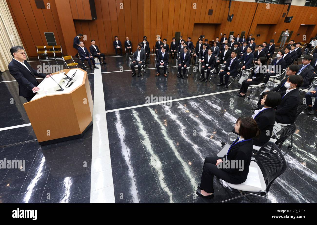 Yuki Kusumi, CEO of the Panasonic Group, delivers a speech during an ...