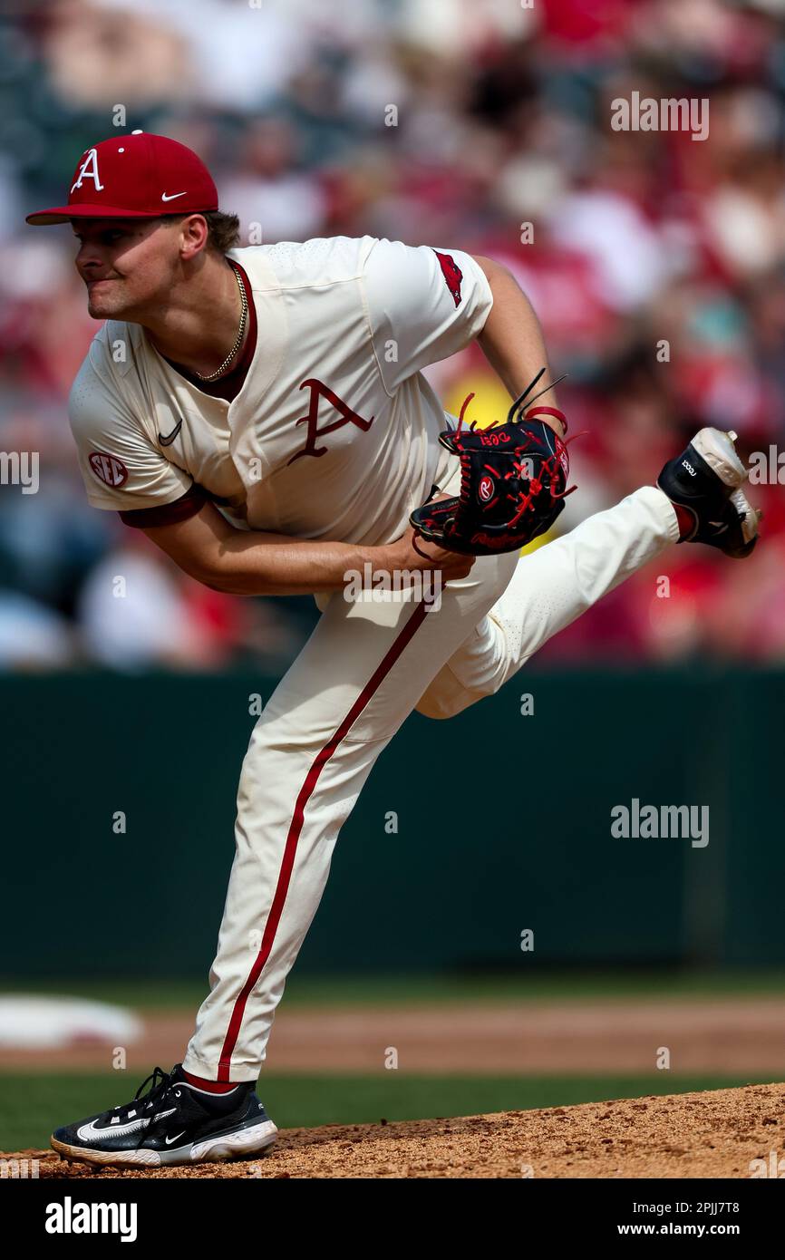 April 2, 2023: Arkansas pitcher Dylan Carter #31 follows though on his ...
