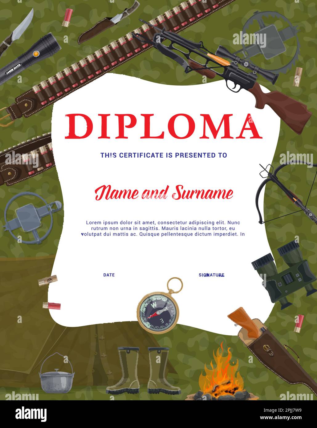Diploma with hunting equipment and weapons. Hunter sport club ...
