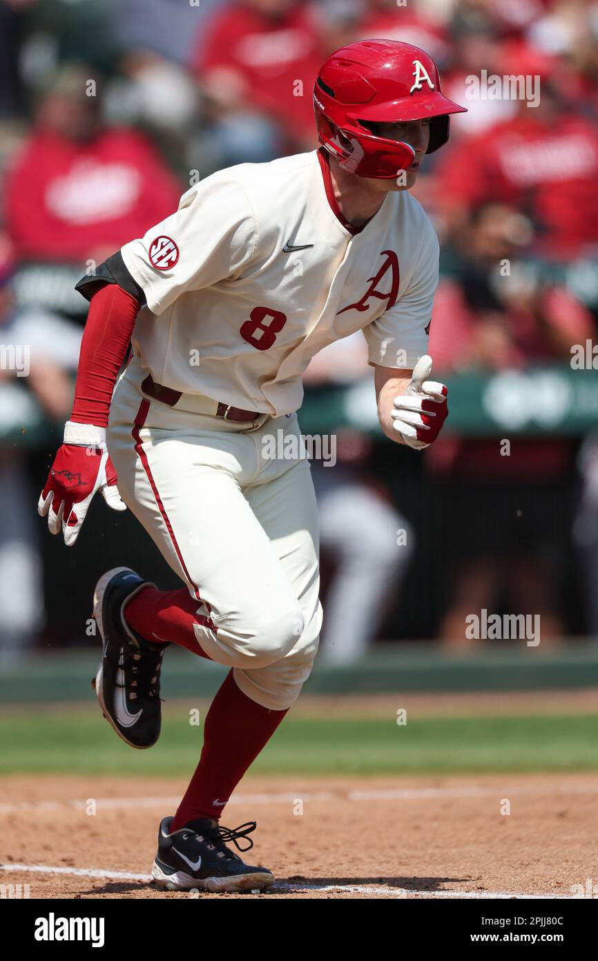 April 2, 2023: Jace Bohrofen #8 of Arkansas makes his way up the first ...