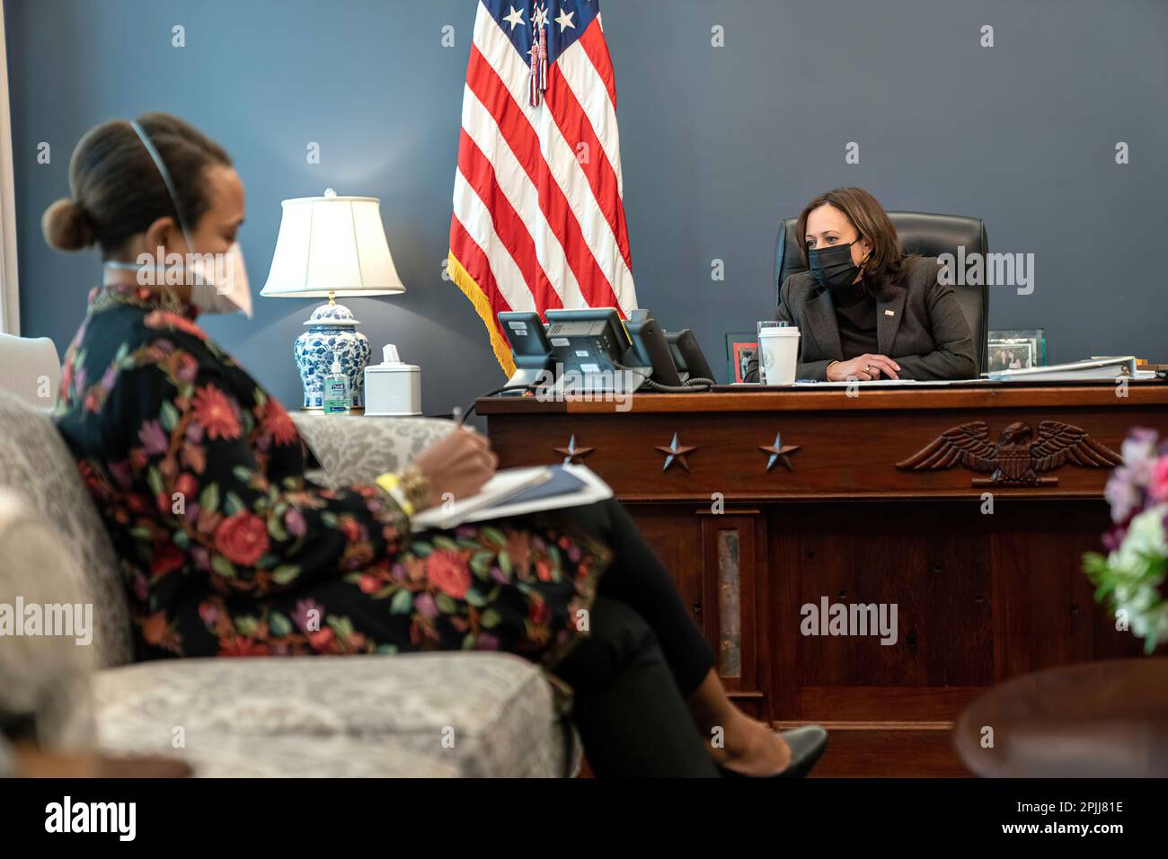 Vice President Kamala Harris talks on the phone with President of the ...