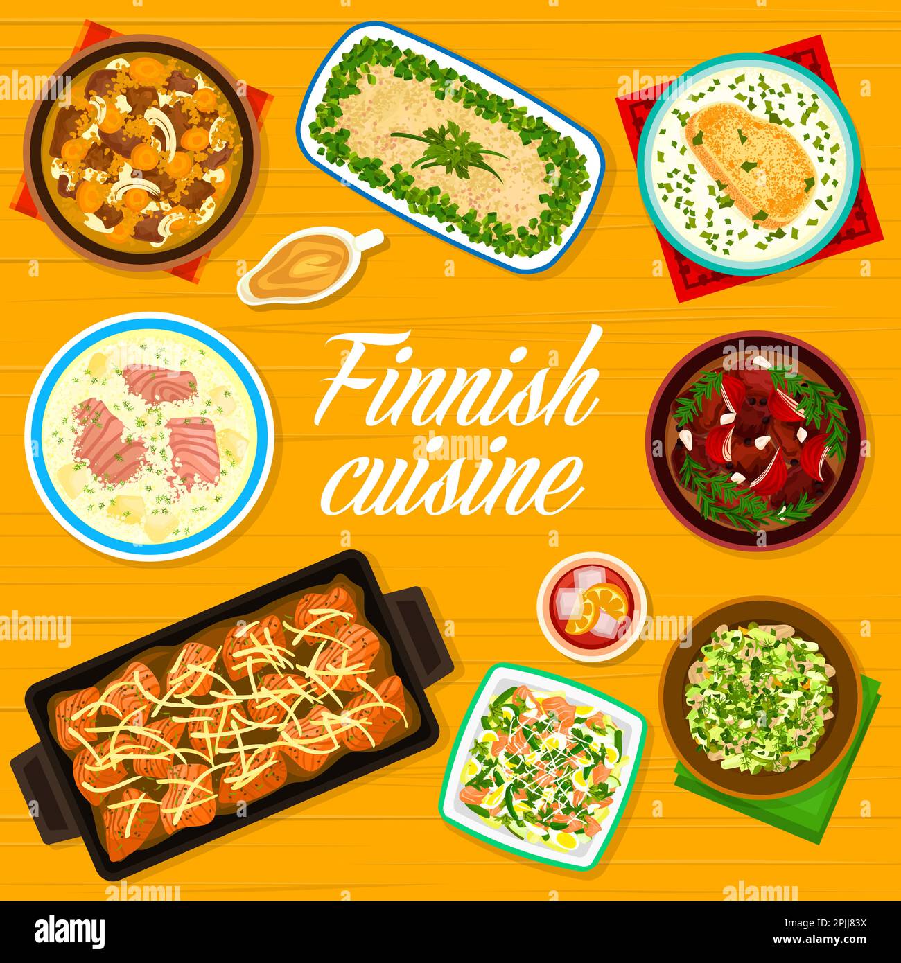 Finnish cuisine menu cover. Salmon casserole, mushroom salad and pea ...