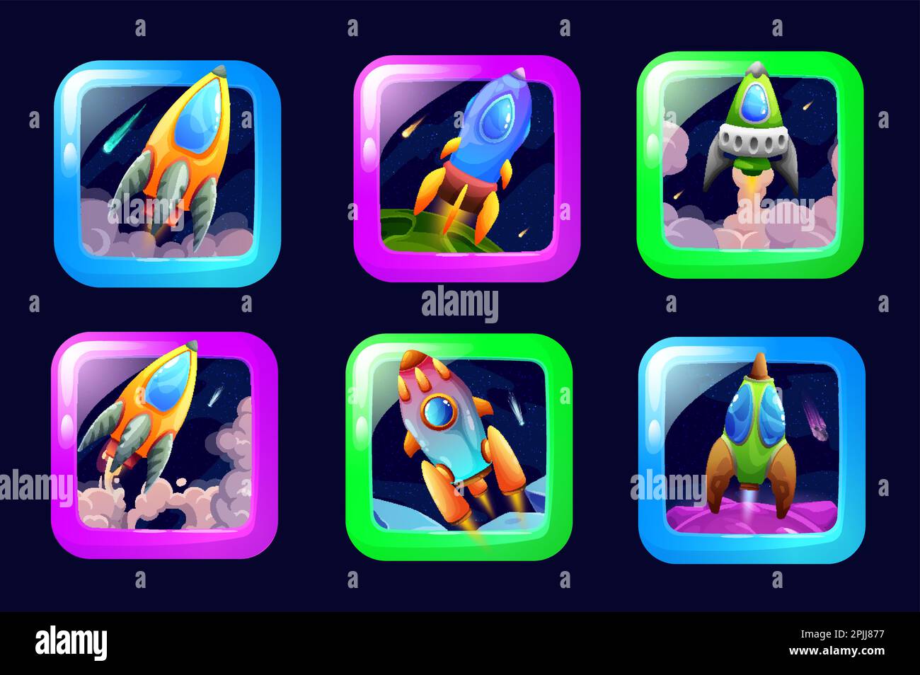 Cartoon Space Game App Spaceship And Starcraft Icons Galaxy Adventure Vector Buttons Space