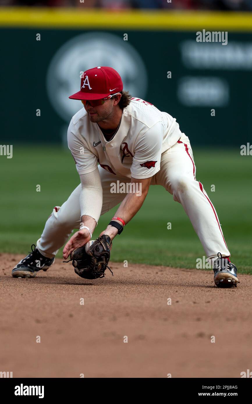 April 2, 2023: Arkansas infielder Peyton Stovall #10 covers a ball into ...