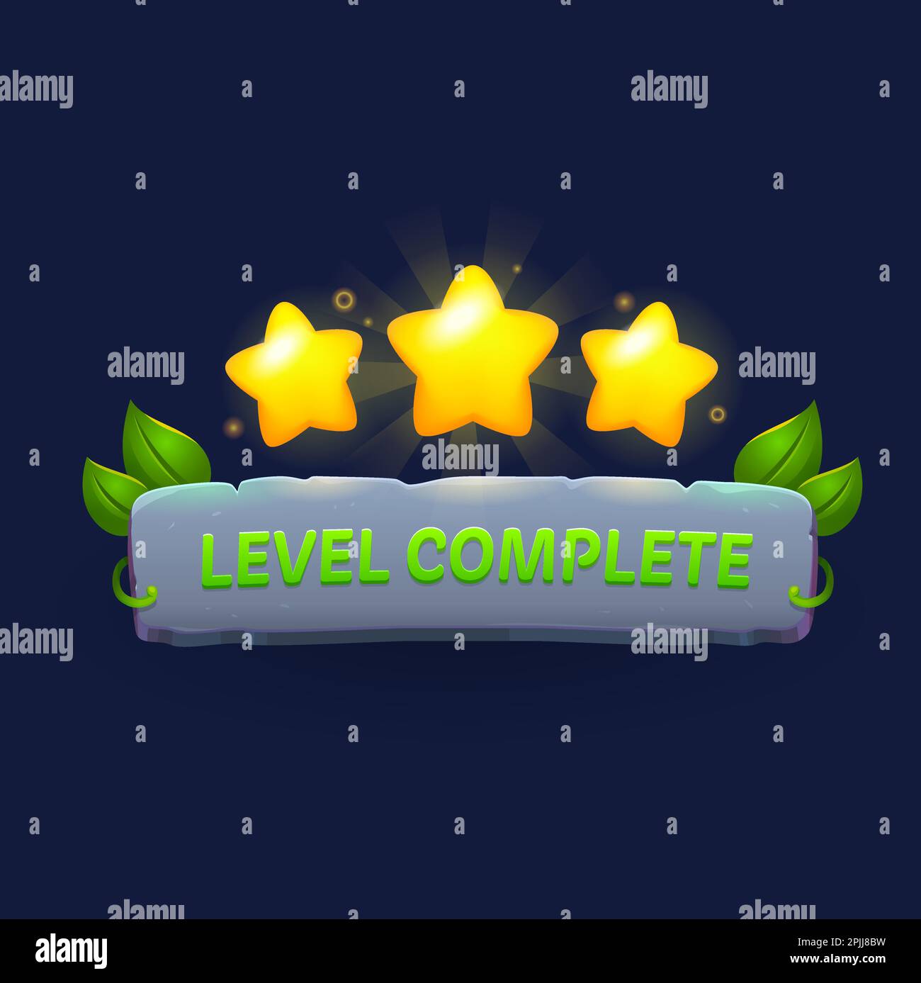 Game level complete badge or icon with golden stars, green leaves and stone plate. Isolated ui ...