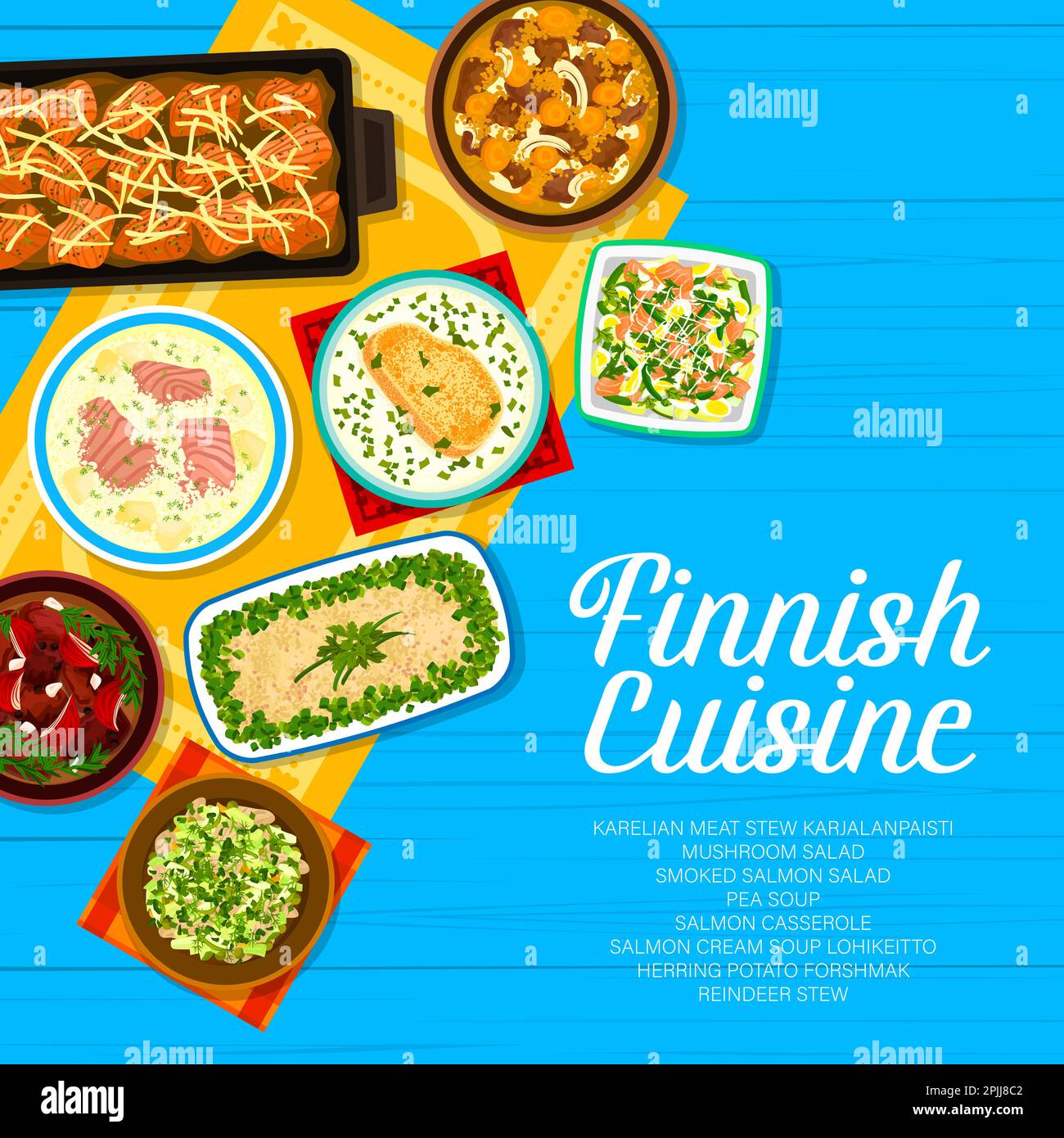 Finnish cuisine menu cover template. Reindeer stew, karelian meat stew ...