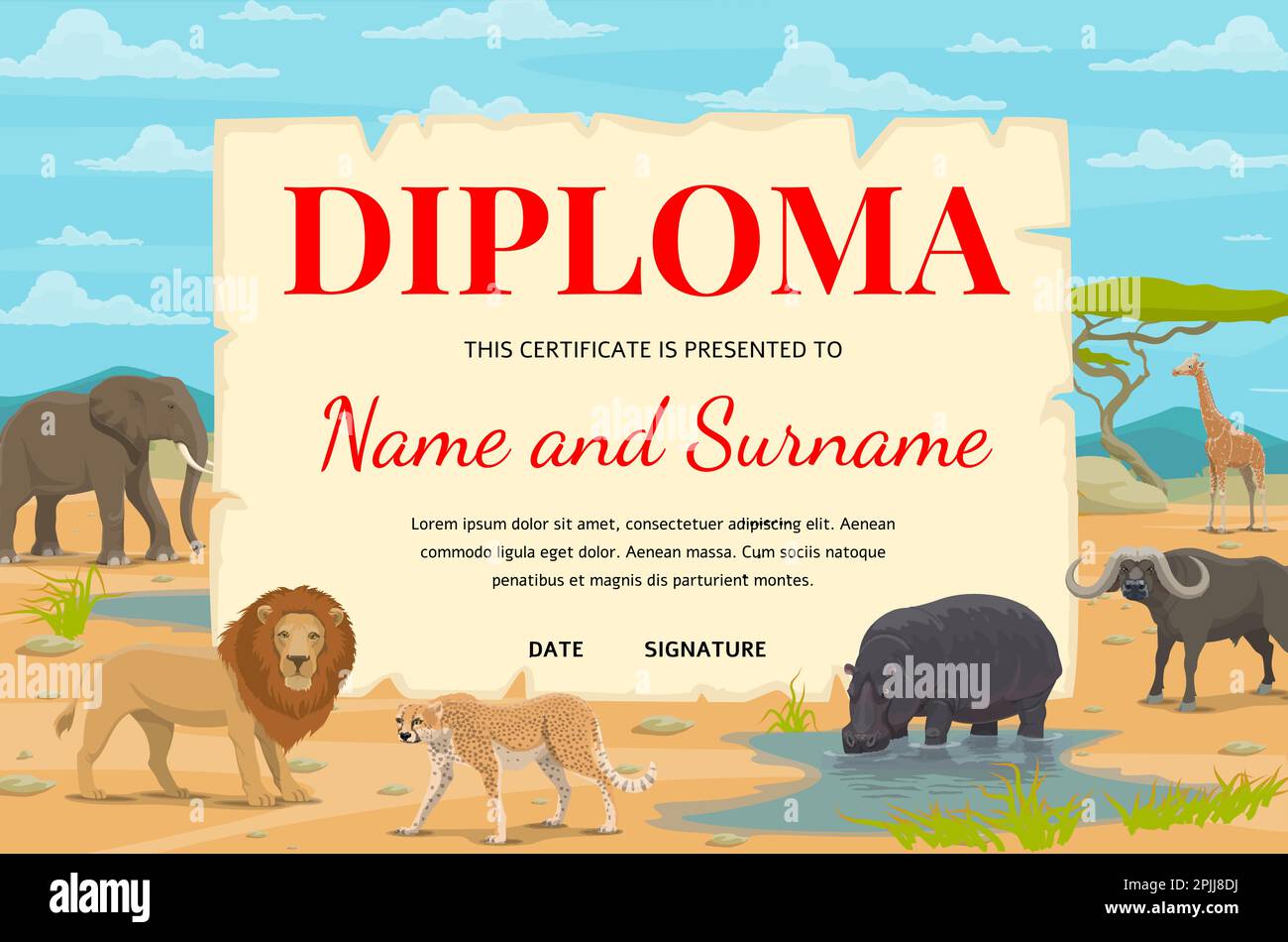 Conservationist or hunter diploma. African safari animals in savannah ...