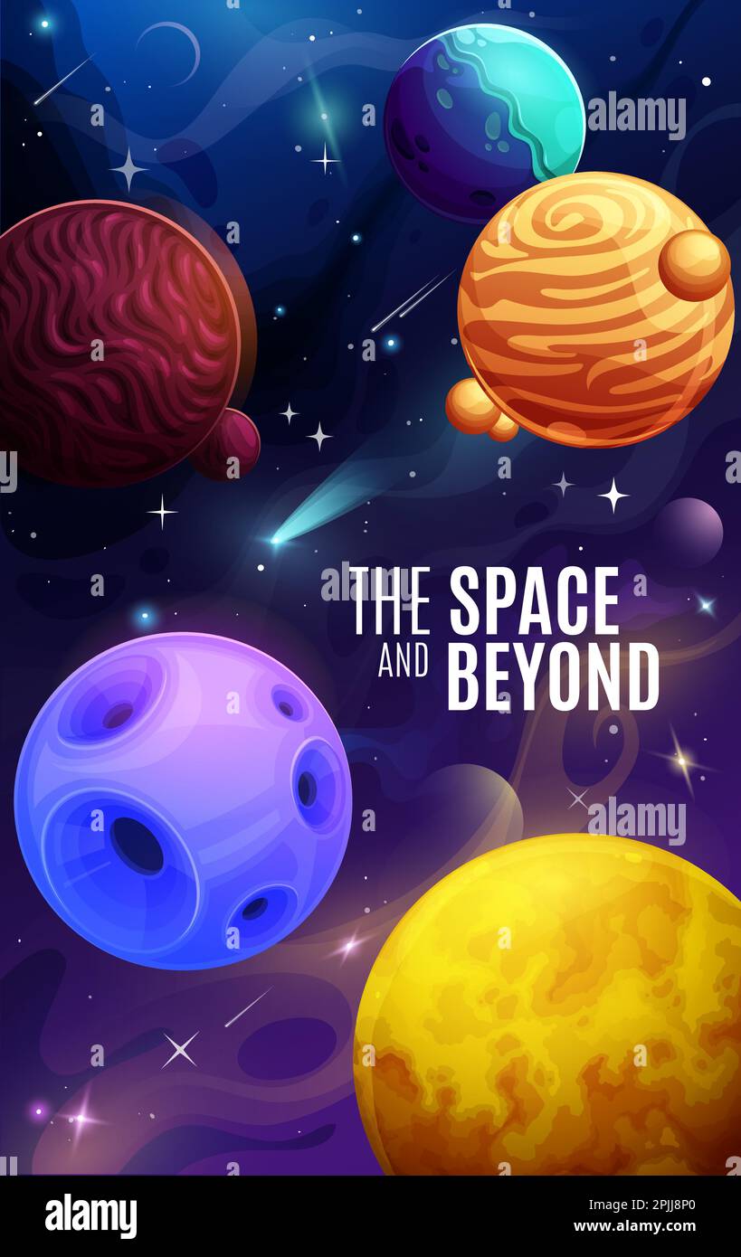Cartoon galaxy space planets poster. Cartoon vector background with the ...