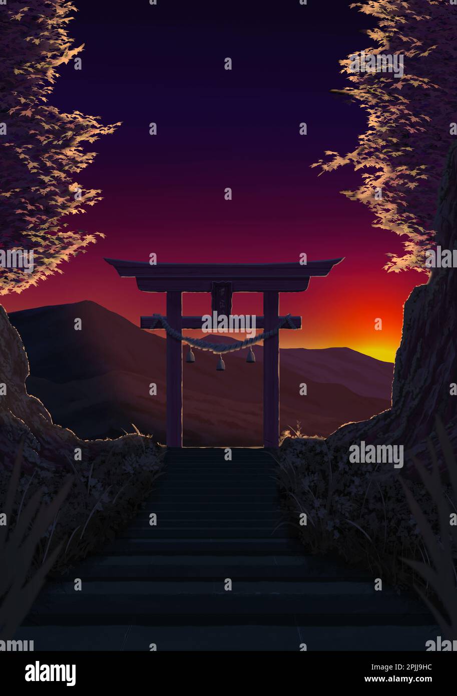 A traditional red torii gate shrine on the stone stair on the sunset ...
