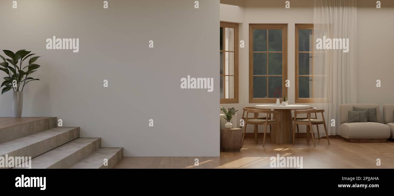 Cozy contemporary spacious living room interior design with stairway ...