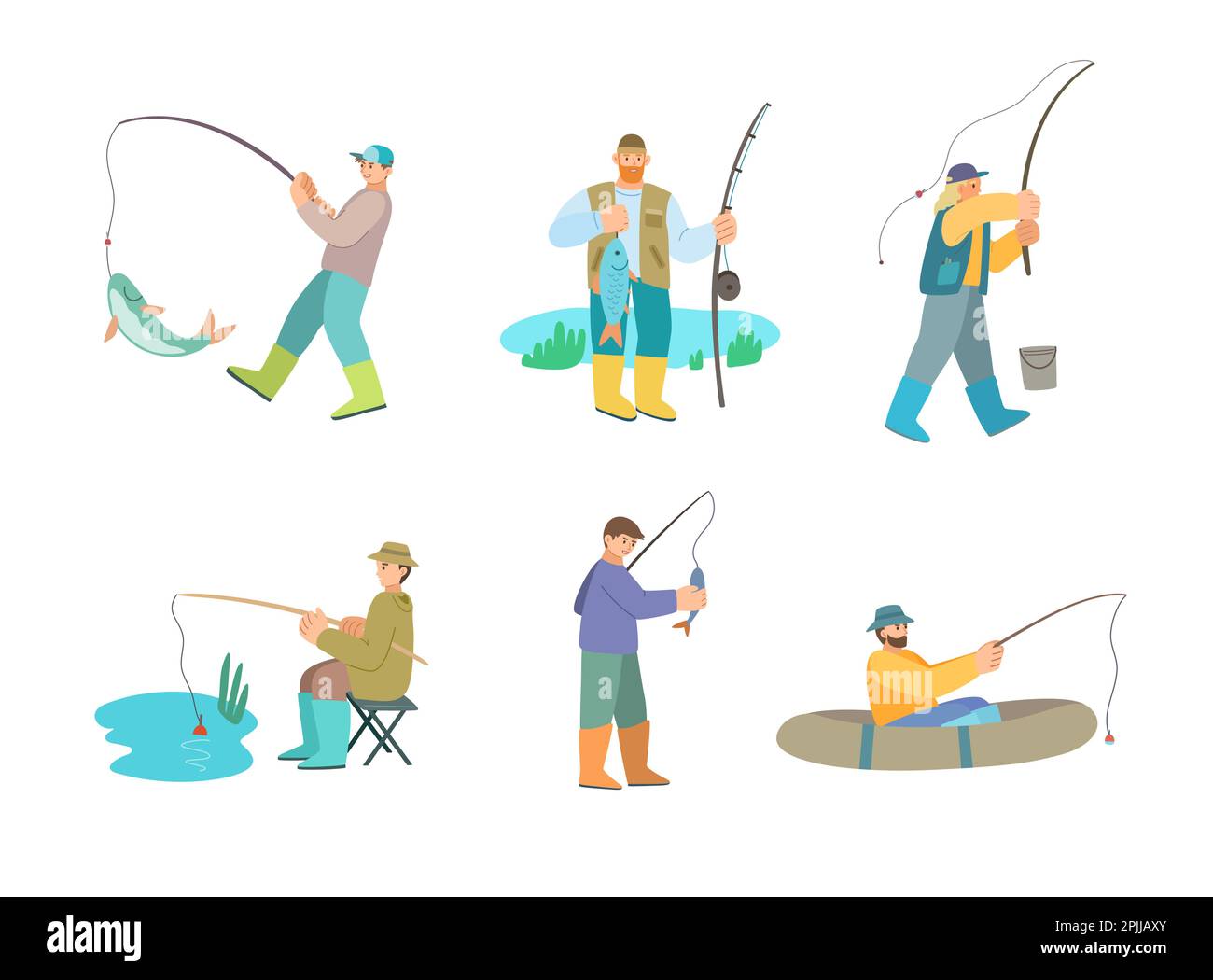 Cartoon fisherman. Man in boat holding rod. Fisher catching fish, set ...