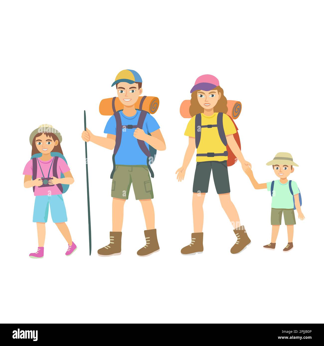 Man, woman and two kids hiking in outdoor. Cartoon vector illustration ...