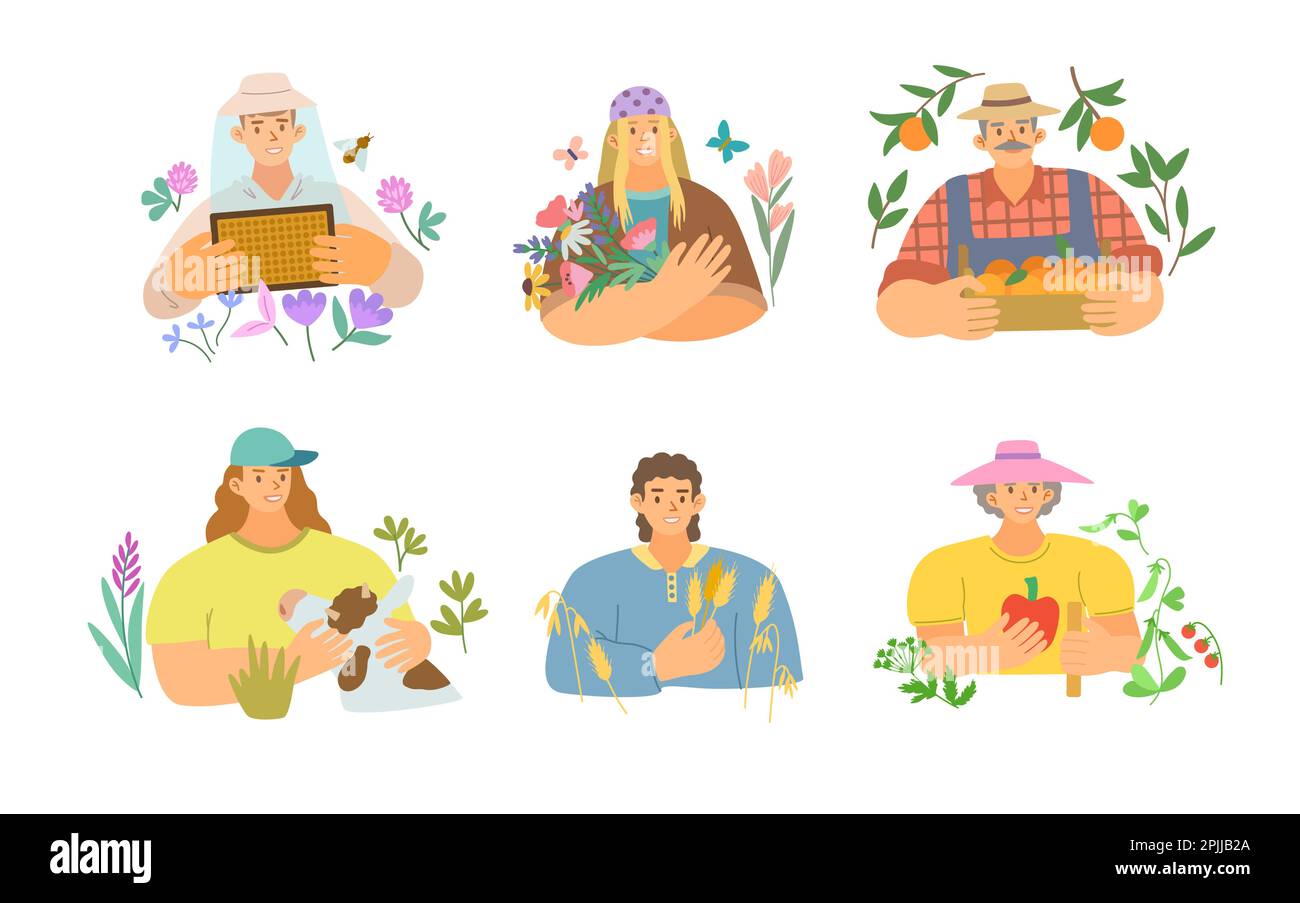 Characters of people in farming including beekeeper, gardener, agrarian ...