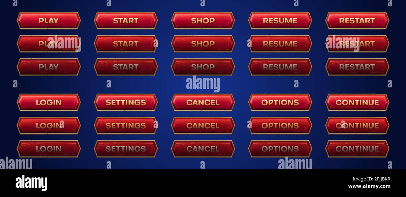 Game buttons animation set. Vector cartoon illustration of red frames with stone texture. Play ...