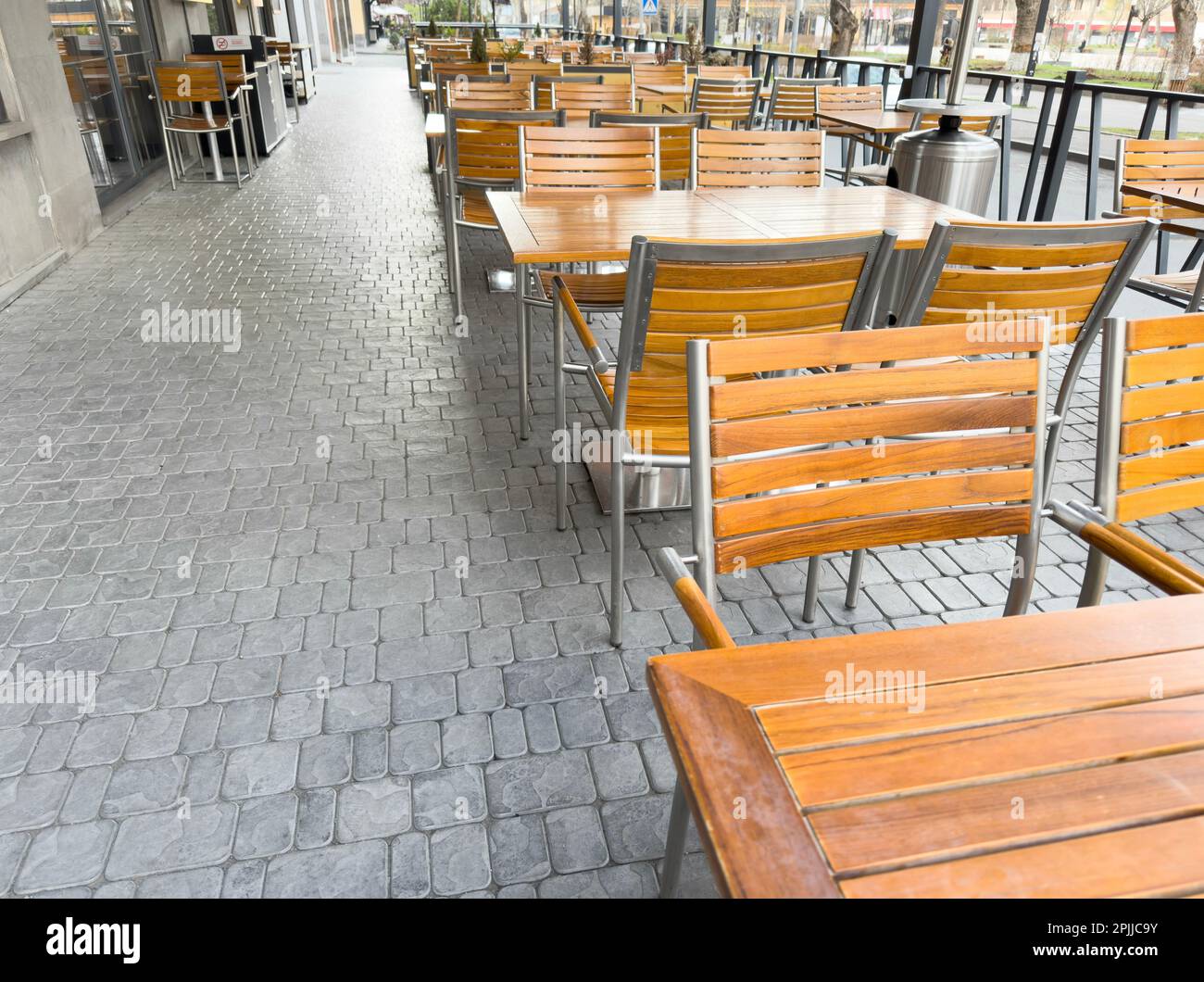 Empty stylish street cafe in a European city. Street restaurant. with ...