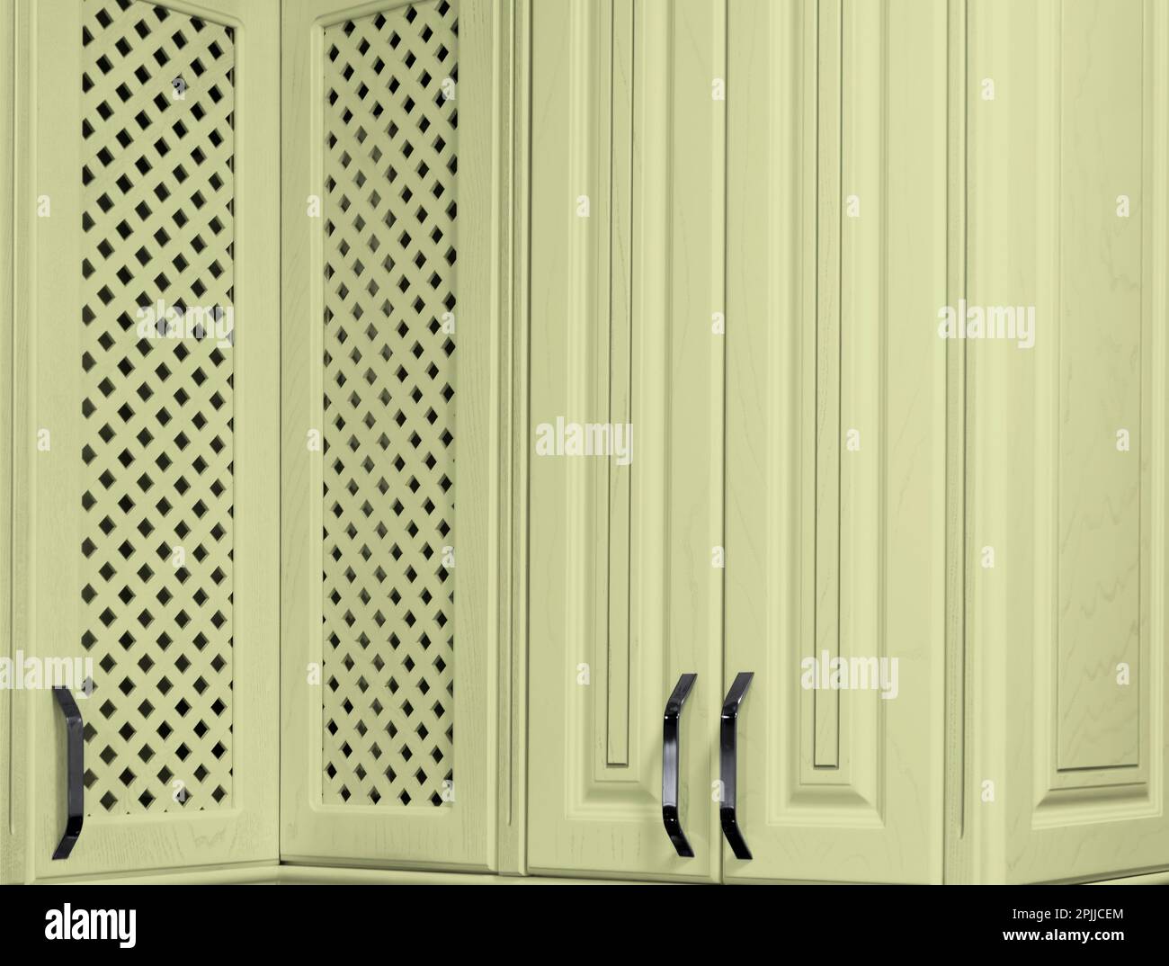 Modern kitchen interior. Handles on kitchen cabinets. Salon with ...