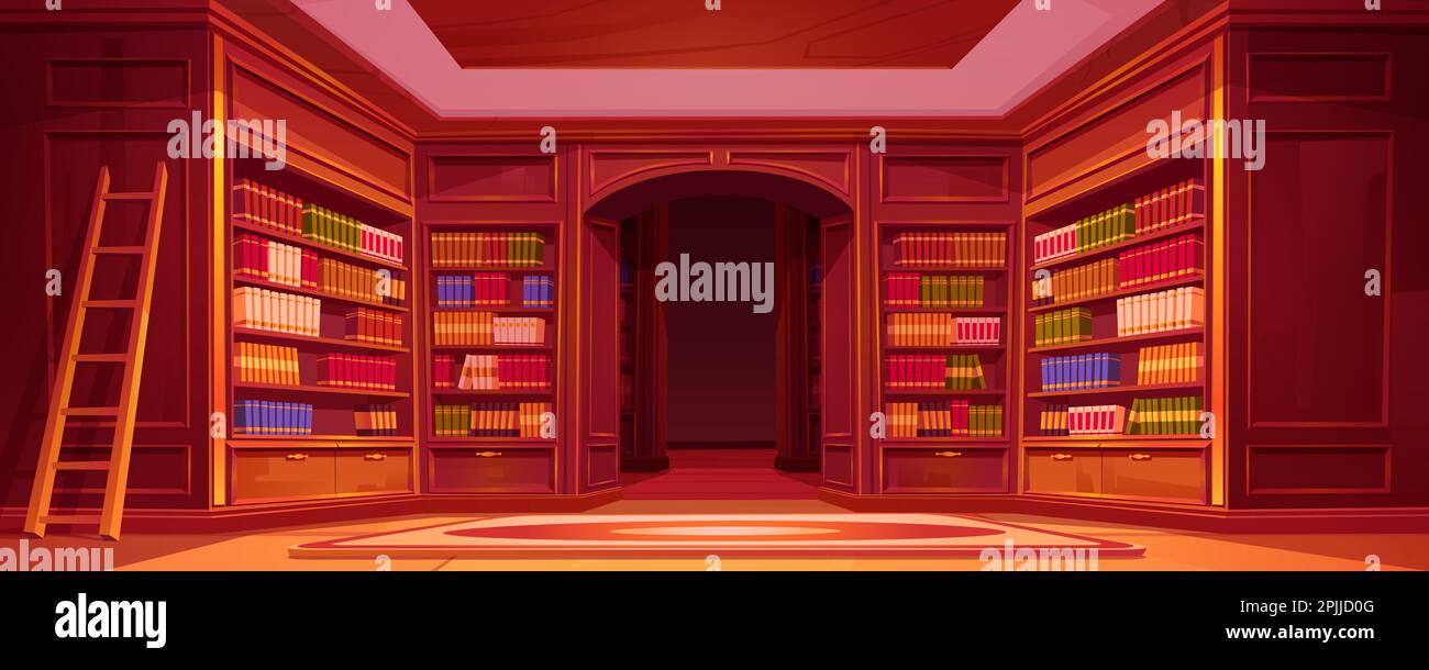 Cartoon library interior with bookshelf vector background. Wooden ...