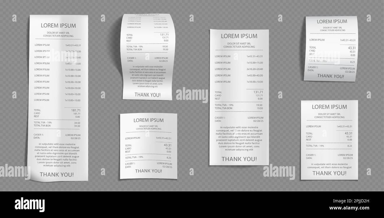 Realistic set of shop receipts isolated on transparent background. Vector illustration of cash ...