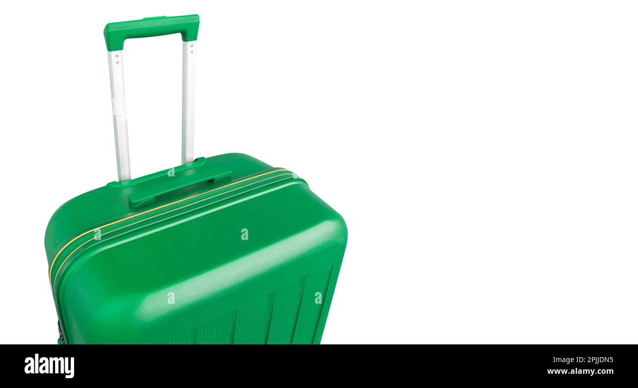Front view of green suitcase with long telescopic handle isolated on ...