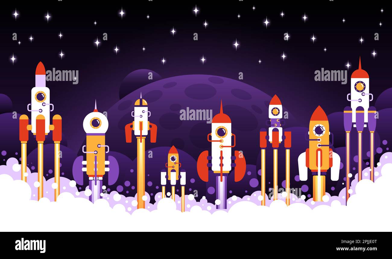 Rocket launches in space with planet, stars in background Stock Vector ...