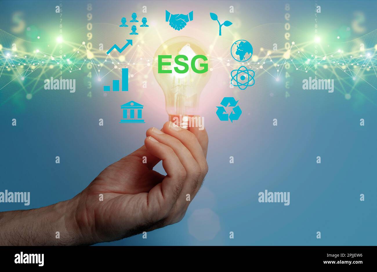 Global ESG technology concept. Man's hand presses a holographic button ...