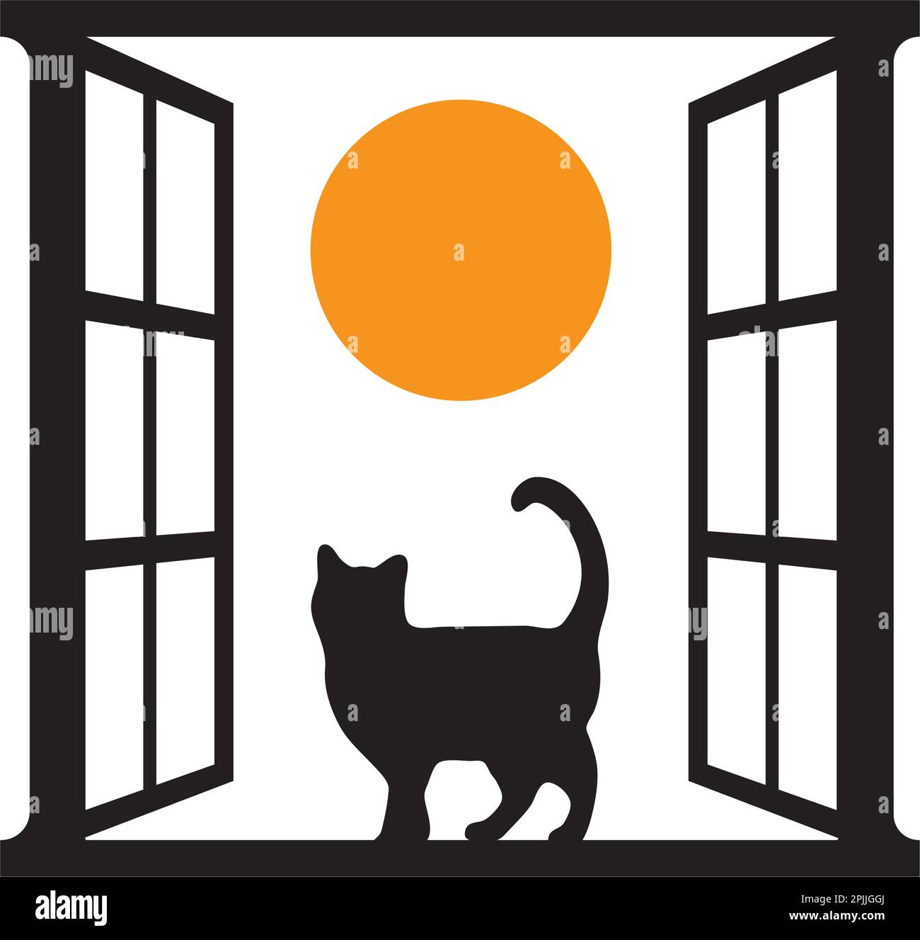 Window illustration and can silhouette on sunset, vector. Open window ...