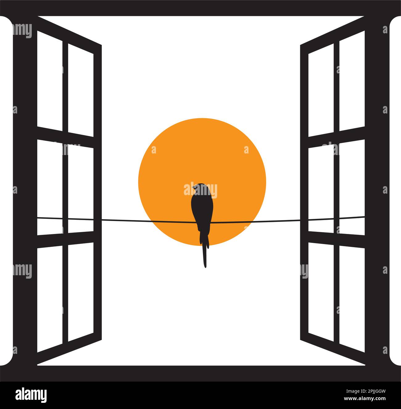 Window illustration and bird on wire on sunset, vector. Open window and ...