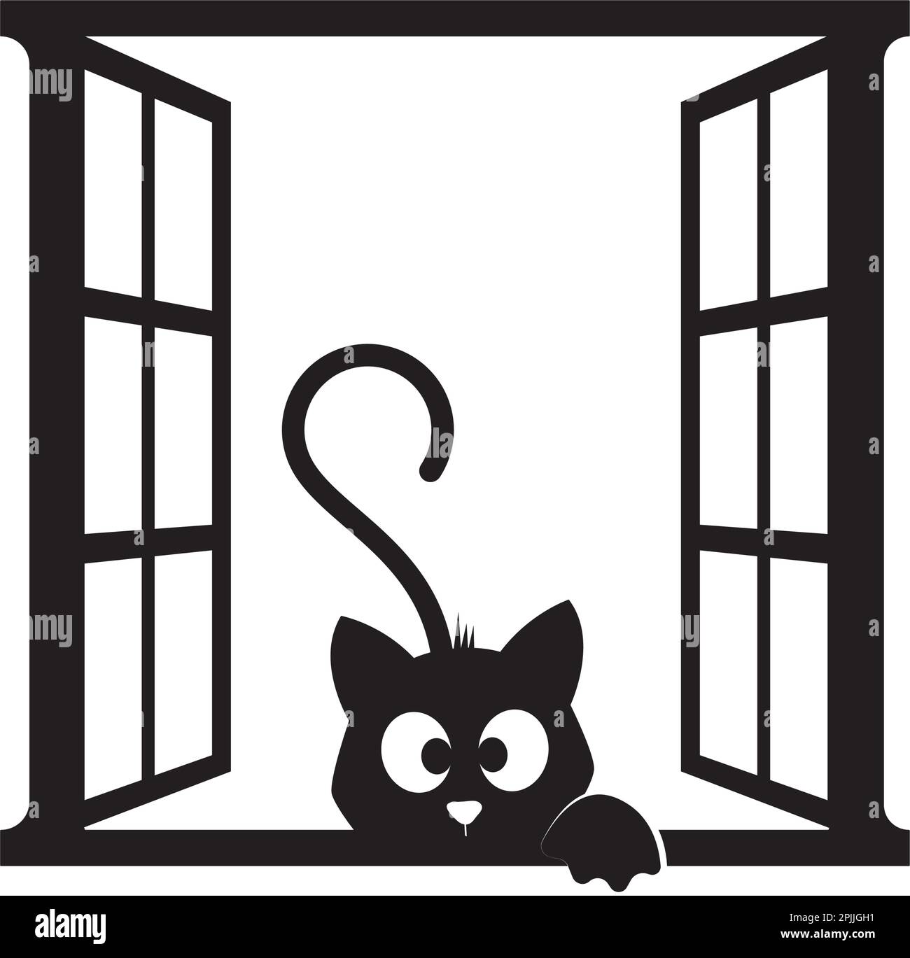 Cat peeking at the window, vector. Open window and a cat on the window ...