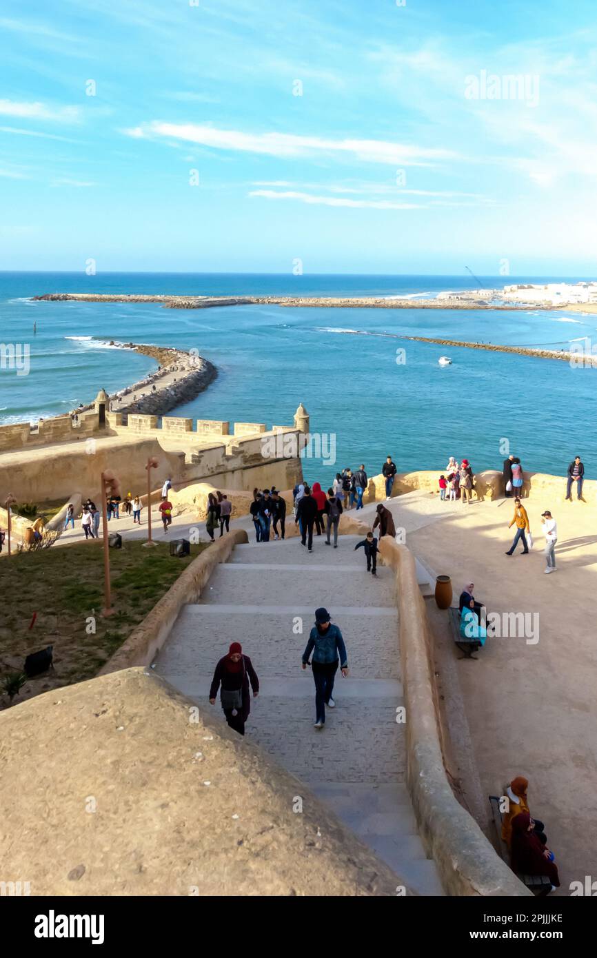 Rabat, Morocco - March 1, 2020 : Tourists and locals walk on steps that ...