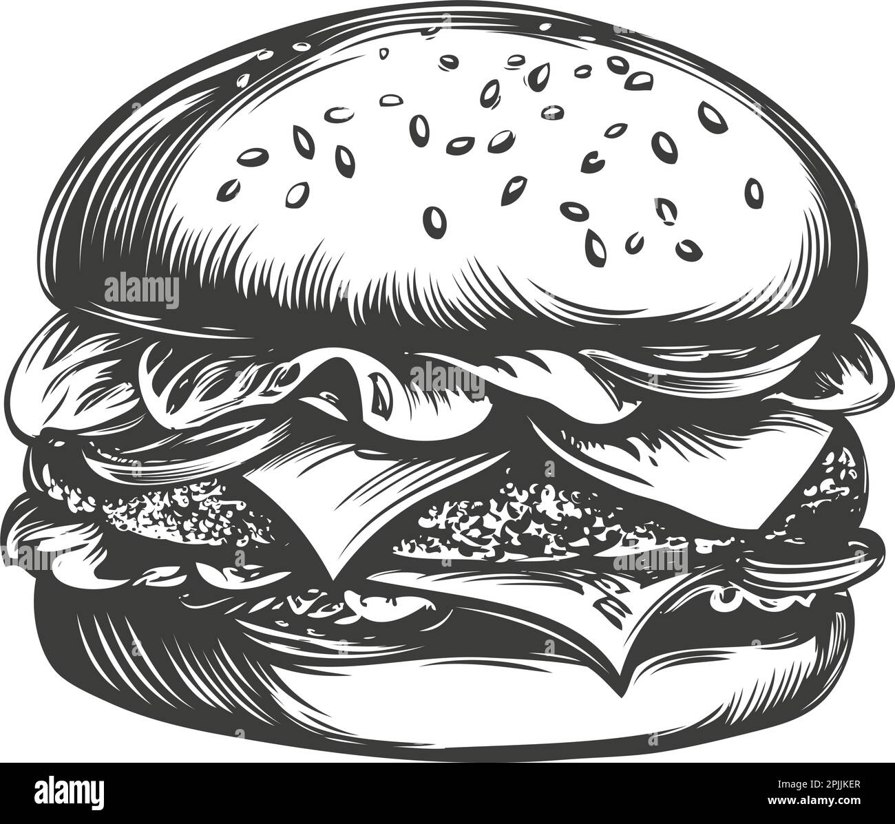 big burger, hamburger hand drawn vector illustration sketch retro style ...