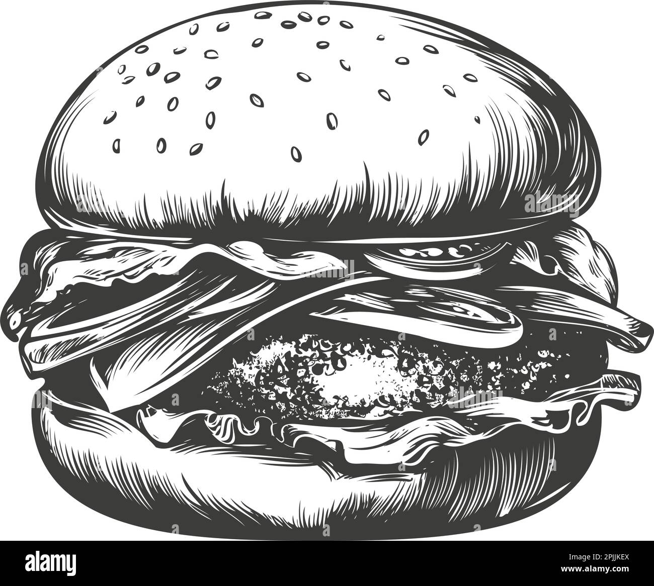 big burger, hamburger hand drawn vector illustration sketch retro style ...
