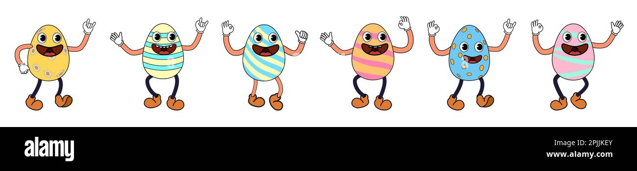 Vintage Easter egg groovy cartoon style, Happy Easter. Characters egg ...
