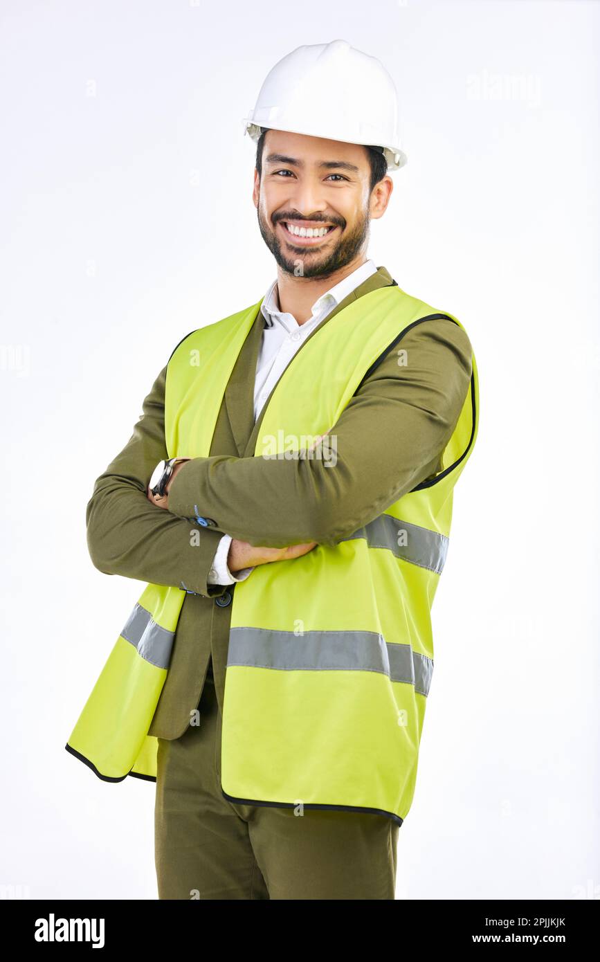 Construction, smile and portrait of engineer in studio with suit, vest ...